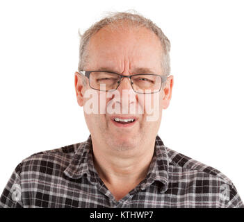 Close-up of confused middle-aged man, pointing at himself and gasping ...