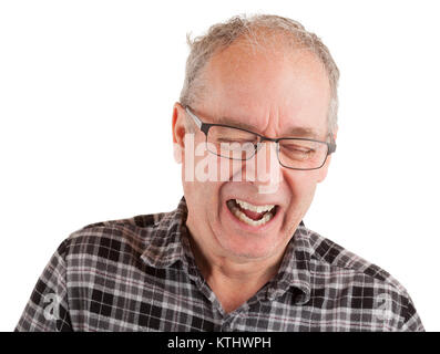 Portrait of cheerful man laughing hard, amused by funny joke, studio ...