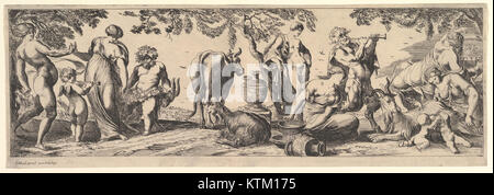 A classical painting depicting a Bacchanal scene, featuring figures ...