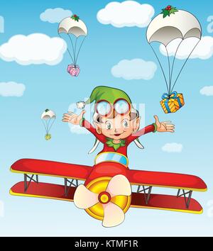 elves with santa claus flying airplane with gifts merry christmas happy ...