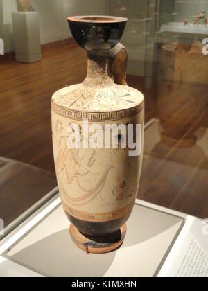 This lekythos, an ancient Greek pottery piece, features two centaurs ...