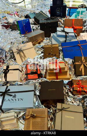 luxury gift boxes under Christmas tree, New Year home decorations ...