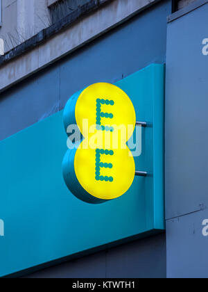 EE mobile network operator logo and signage outside its Oxford Street ...