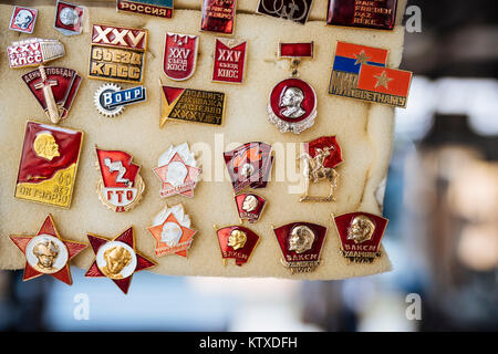 Souvenir Communist badges for sale, Riga Central Market, Riga, Latvia ...