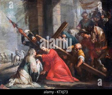 Jesus on the road to Calvary. Jesus, wearing crown of thorns carrying ...