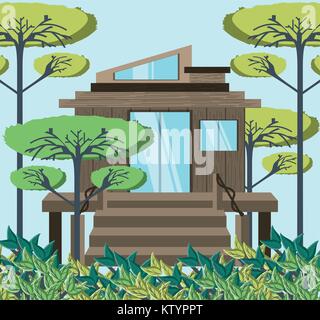 Wooden house with terrace in forest. Cartoon vector summer landscape of ...