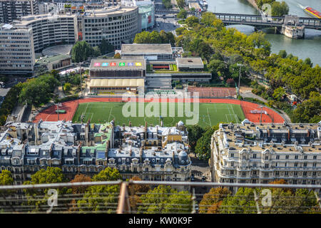 Aerial view of school sports stadium and football field in Balabanovo ...