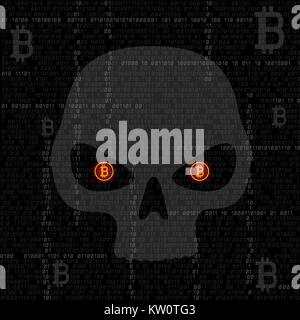 Bitcoin code eyes hacker skull on the binary dark coding texture background. Cyber crime hacking ...