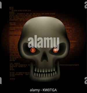 Bitcoin code eyes hacker skull on the binary dark coding texture background. Cyber crime hacking ...