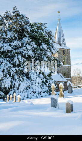 St. Bartholomew's church in snow, Burwash, East Sussex, England, United ...