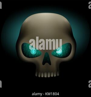 Bitcoin code eyes hacker skull on the binary dark coding texture background. Cyber crime hacking ...