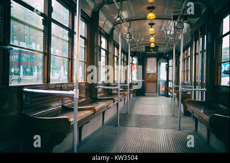 Classic Tram wooden interior and wooden benches (Trolley car Stock ...