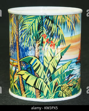 A tin piggy bank featuring an image of piracy, symbolizing a classic ...