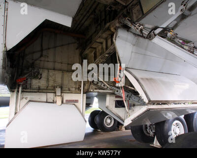 This image showcases the main landing gear of a Boeing 747 aircraft, a ...