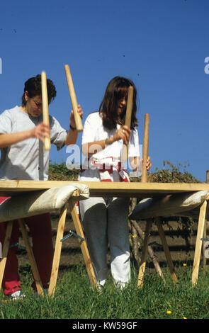 Musicians playing the Txalaparta, a traditional instrument of the ...