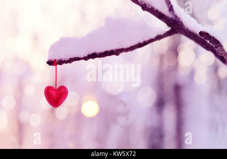 Red hearts on snowy tree branch in winter. Holidays. Happy valentines ...