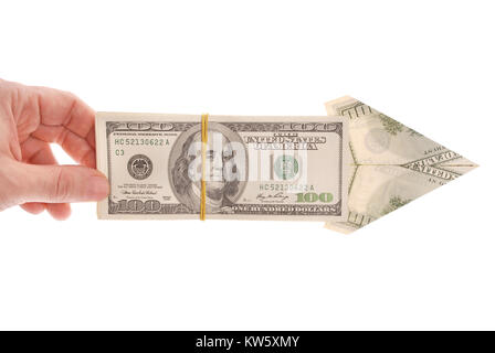 Arrow in a hand made of dollars isolated on white Stock Photo - Alamy