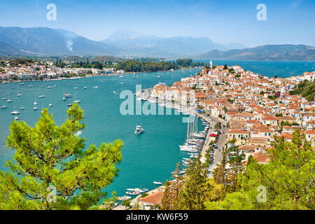 Town view, aerial view, Poros island with town and Peloponnesian coast ...