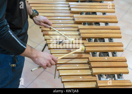 xylophone, percussion instrument concept - closeup on wooden bars with ...