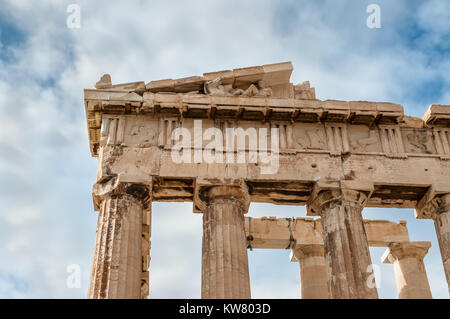 Detail of columns and frieze of the Parthenon at Acropolis in Athens ...