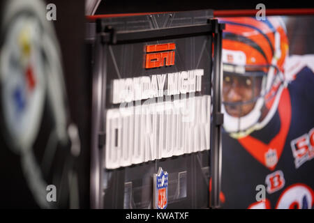 An ESPN Monday Night Football logo is viewed on a broadcast camera ...