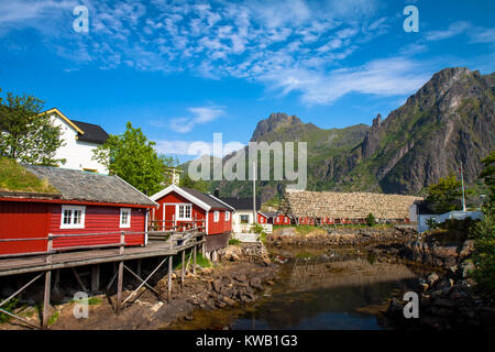 Typical red rorbu fishing hut by the fjord on Lofoten islands in Norway ...