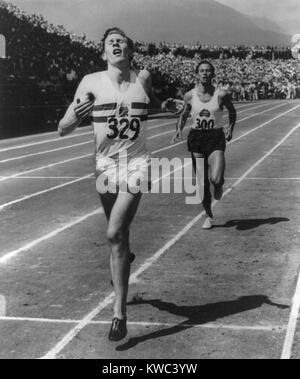 Roger Bannister leads John Landy of Australia across the finish line at ...