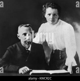 Physicists Marie and Pierre Curie (1867-1934 and 1859-1906) soon after their marriage in Paris ...