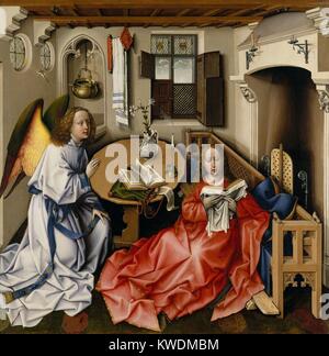 ANNUNCIATION TRIPTYCH, by Workshop of Robert Campin, 1427-32, Northern Renaissance oil painting ...