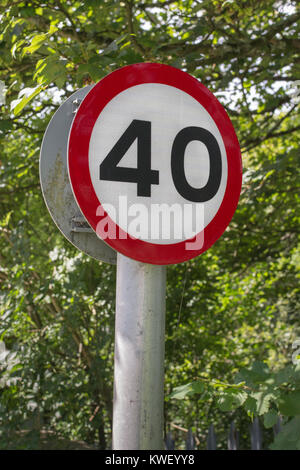 40 mph sign and road traffic safety mirror fixed to a set of steel ...
