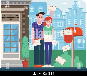 Vector illustration of a man opened mailbox receiving a letter Stock ...