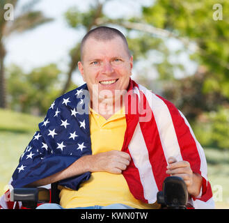 Young man with USA flag on red background Stock Photo - Alamy