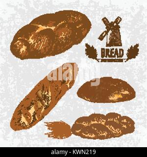 Digital color vector detailed line art golden loaf of bread, roll ...