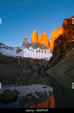 Sunrise view of the Bases del Torres at Torres del Paine National Park ...
