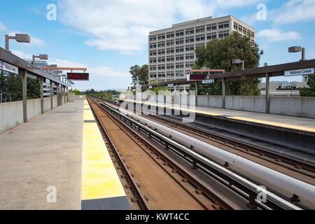 Third rail electrified railway track showing termination of electric ...