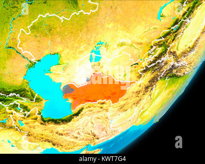 Map of Turkmenistan in red on grey political globe with transparent ...