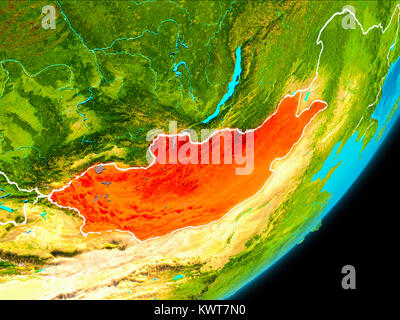 Map of Mongolia in red as seen from space on planet Earth at night with ...