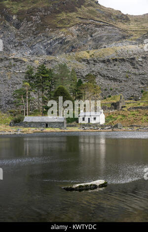 Old quarry buildings beside Llyn Cwmorthin near Blaenau Ffestiniog ...