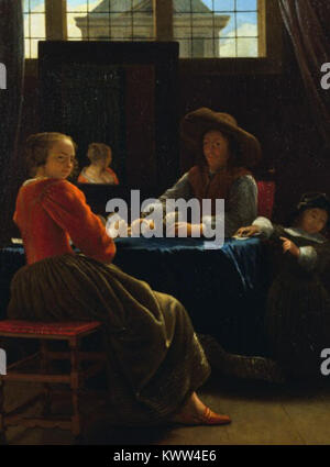 The scene depicts two figures engaged in traditional activities, with ...