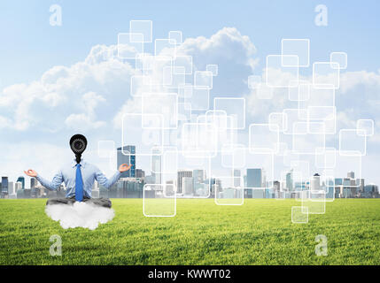 Elegant businessman outdoors with camera instead of head and media ...