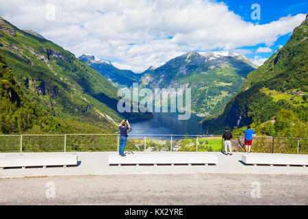 Flydalsjuvet viewpoint with Geirangerfjord and Geiranger village aerial ...