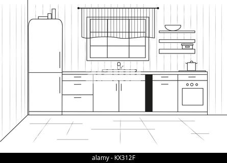 Interior sketch of kitchen room. Outline blueprint design of kitchen ...