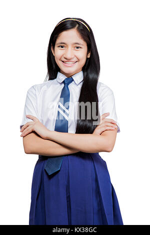 Portrait of teenager girl crossed arms isolated on white background ...