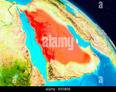 Space orbit view of Saudi Arabia highlighted in red on planet Earth at ...