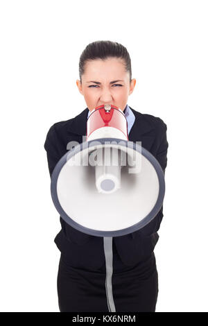 Businesswoman with loudspeaker isolated on white Stock Photo - Alamy