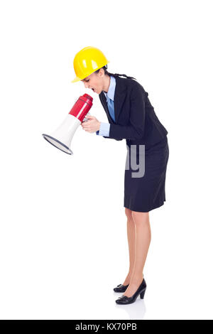 Female engineer with megaphone on white background Stock Photo - Alamy