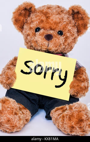 Cute teddy bear holding a yellow sign that reads I am Sorry isolated on ...
