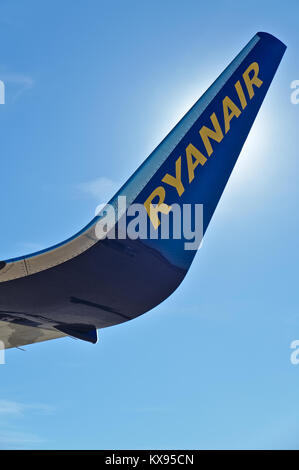 Wing view with RYANAIR logo while landing at the Mediterranean island ...