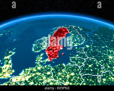 Orbit view of Sweden highlighted in red with visible borderlines and ...