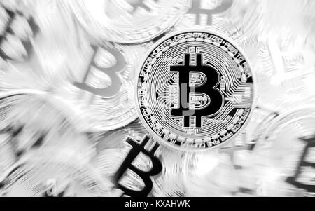 Symbol image turbulence stock market crash digital currency, silver among gold physical coins ...